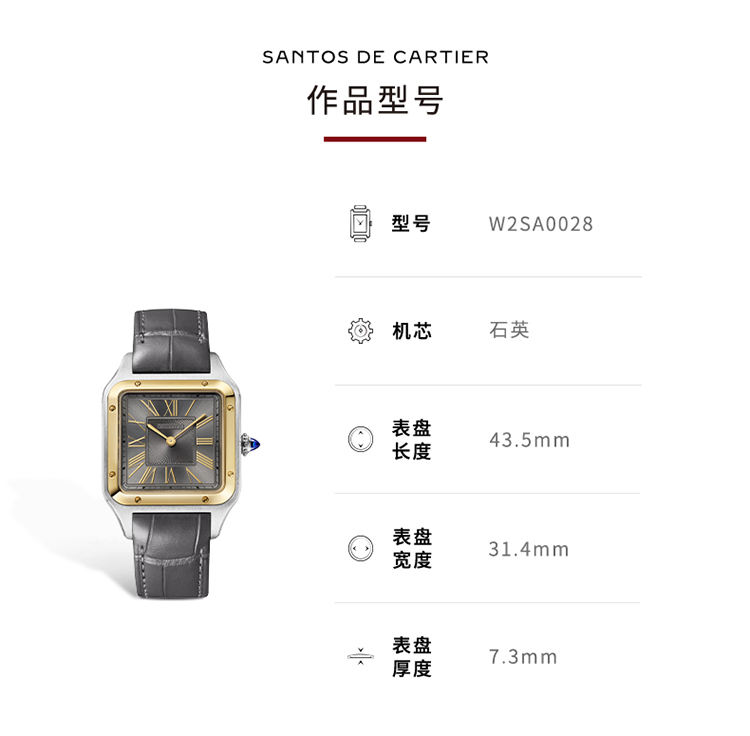 W2SA0028 - Santos-Dumont腕表 大号款 K金 - 精钢色 石英 - 大号表款，石英机芯，黄金和精钢，皮表带 - 卡地亚