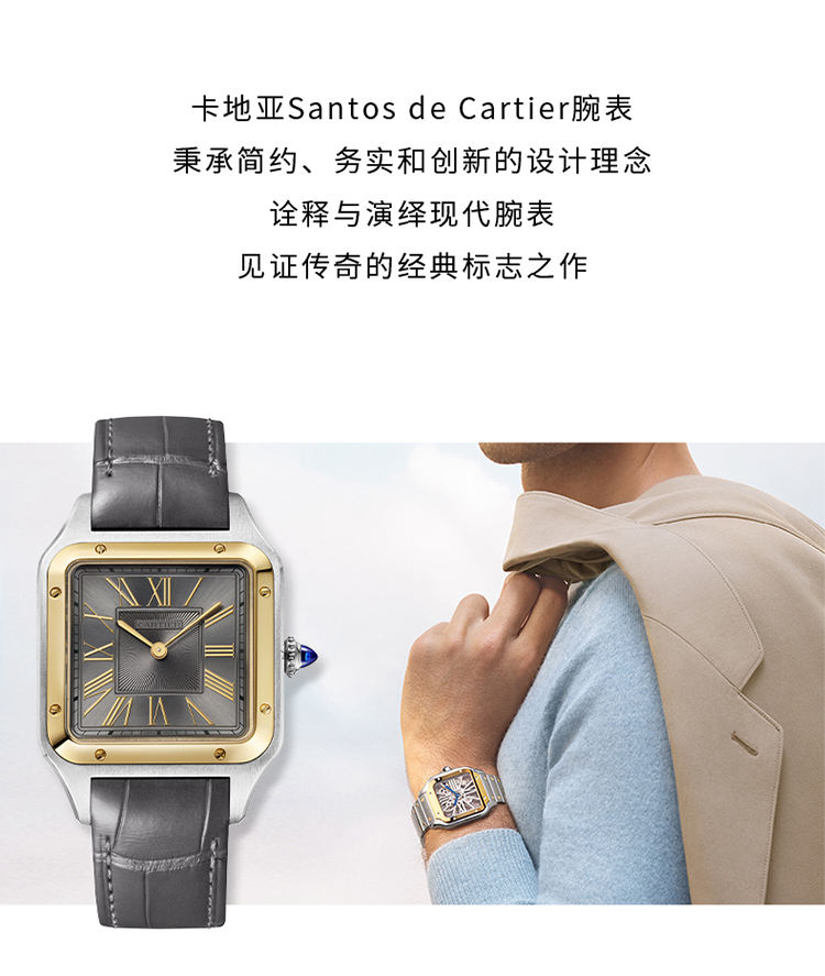 W2SA0028 - Santos-Dumont腕表 大号款 K金 - 精钢色 石英 - 大号表款，石英机芯，黄金和精钢，皮表带 - 卡地亚
